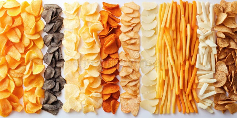 Variety of Colorful Potato Chips and Snacks Arranged in a Horizontal ...