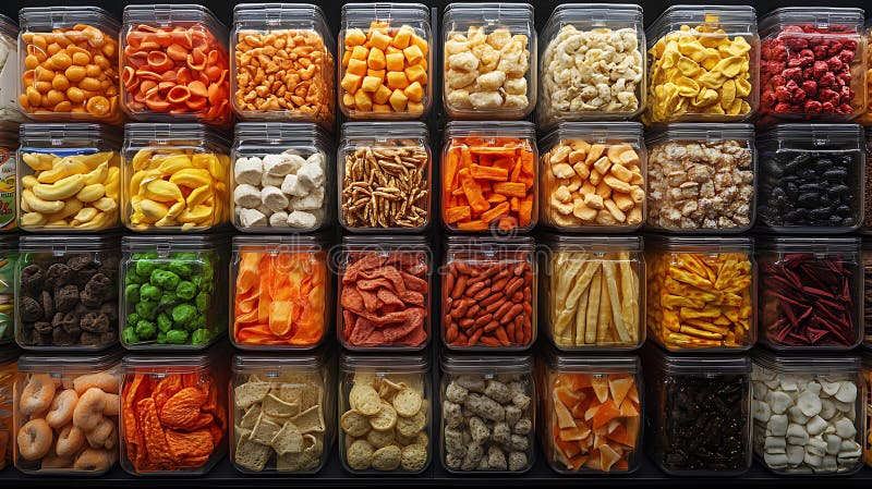 A Variety of Colorful Snacks in Clear Plastic Containers, Arranged in a ...