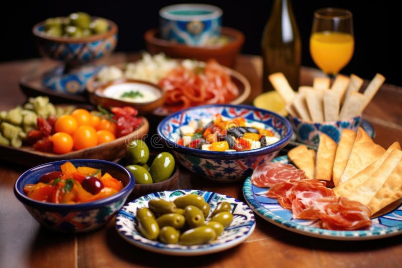 A Variety of Colorful Tapas Arranged on a Mosaic Table Stock Image ...