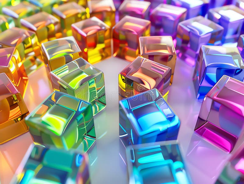 Scattered Colorful Transparent Cubes with Reflections on Shiny Surface ...