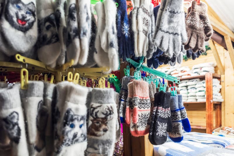 Colorful and Warm Knitted Gloves and Mittens on Display at a Market ...