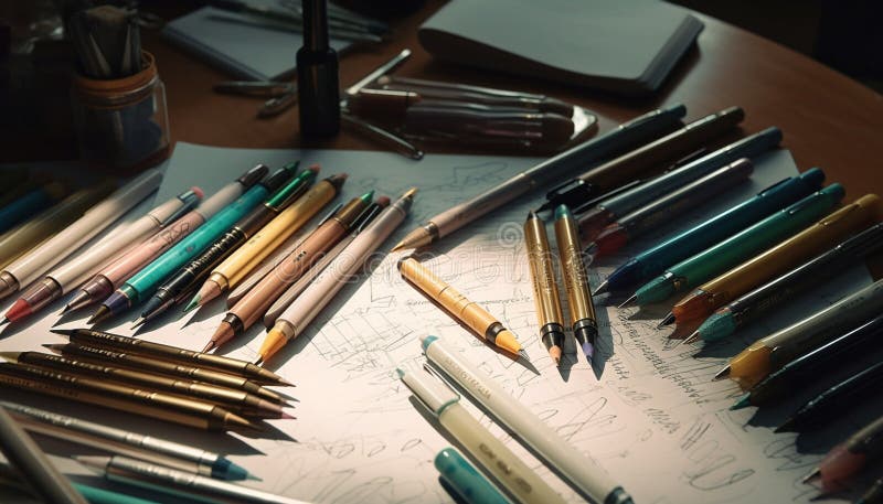 Variety of Colorful Writing Instruments on Wooden Desk Generated by AI ...