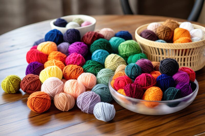 Colorful Yarn Balls on Shelf Above a Knitting Station Stock Photo ...