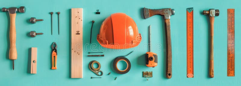 A Variety of Construction Tools are Arranged Neatly on a Blue ...