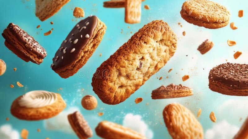 Variety of Cookies and Biscuits Flying Against Light Blue Background ...