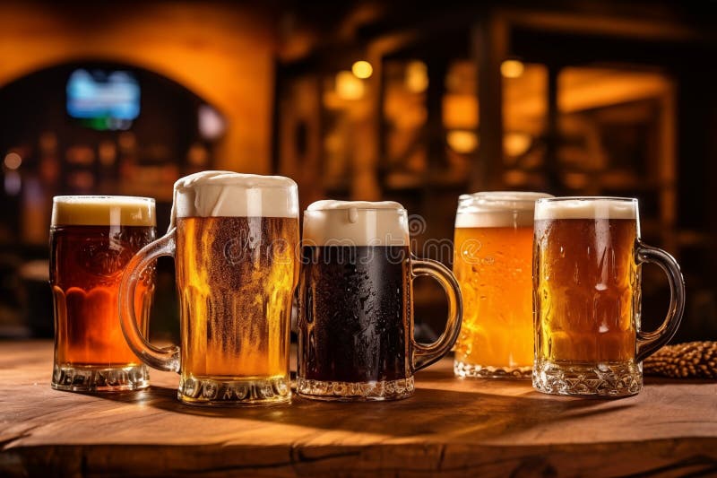 Variety of Craft Assorted Beers in a Rustic Pub Setting, in Mugs on a ...