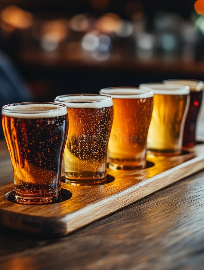 Variety of Craft Beers on a Wooden Tray in Soft Lighting. Stock Photo ...