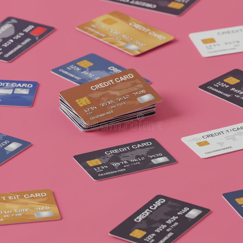 A Variety of Credit Cards are Scattered on a Pink Surface. the Cards ...