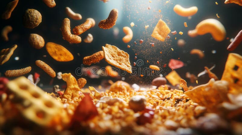 Variety of Crunchy Snacks Falling on Dark Background Stock Illustration ...