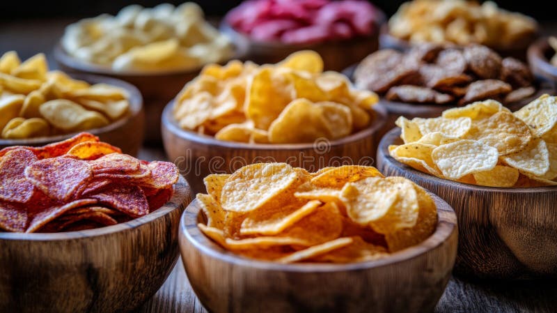 Variety of Crunchy Snacks in Wooden Bowls Stock Illustration ...
