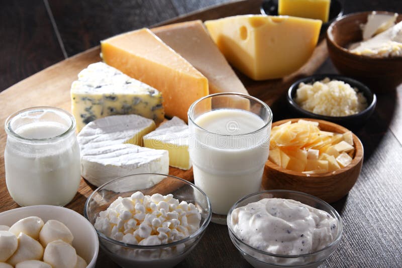 A Variety of Dairy Products Including Cheese, Milk and Yogurt Stock ...