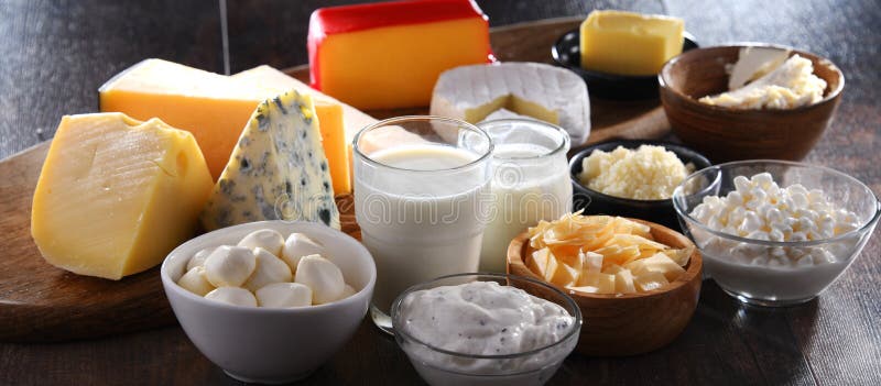A Variety of Dairy Products Including Cheese, Milk and Yogurt Stock ...