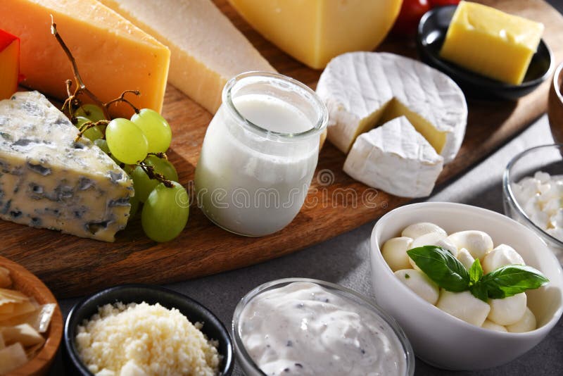 A Variety of Dairy Products Including Cheese, Milk and Yogurt Stock ...