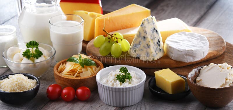 A Variety of Dairy Products Including Cheese, Milk and Yogurt Stock ...