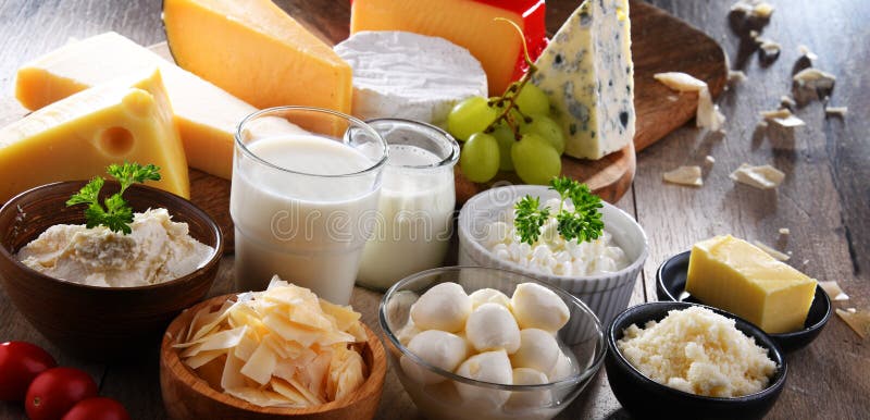A Variety of Dairy Products Including Cheese, Milk and Yogurt Stock ...