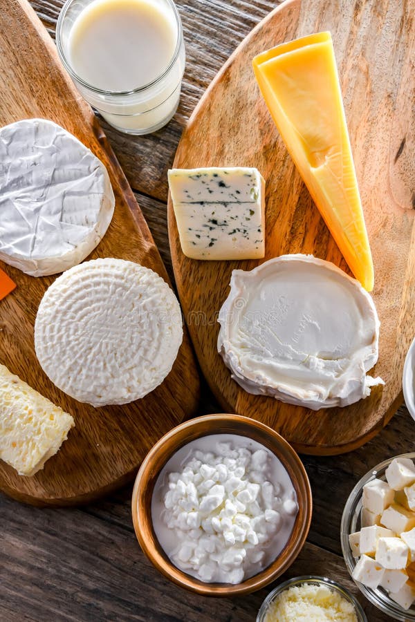 A Variety of Dairy Products Including Cheese, Milk and Yogurt Stock ...