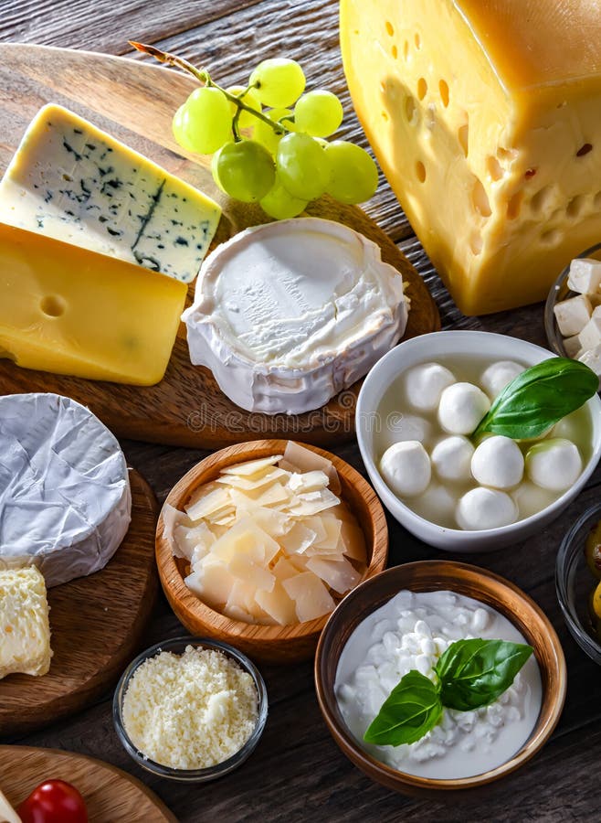 A Variety of Dairy Products Including Cheese, Milk and Yogurt Stock ...