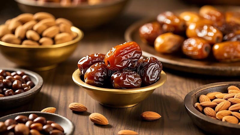 Assorted Dates and Nuts in Ramadan Setting Evening Meal, Islamic ...