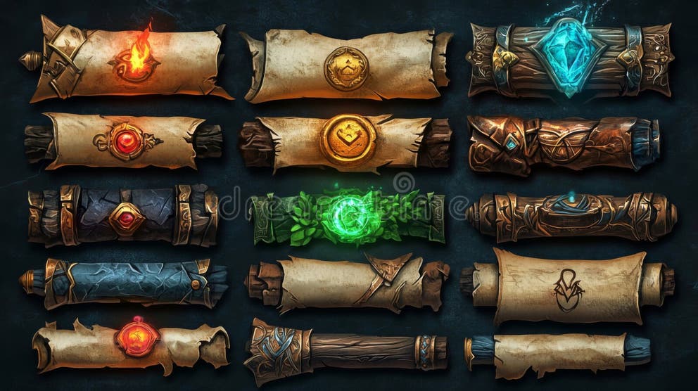 Variety of Decorative Antique Scrolls and Parchments with Emblems on ...