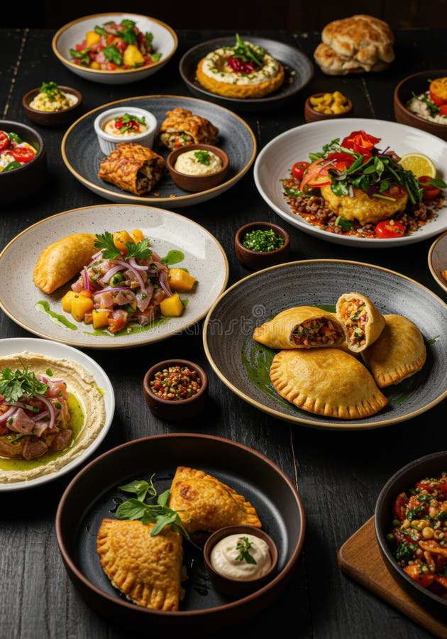 Variety of Delicious Dishes on Dark Table Stock Illustration ...