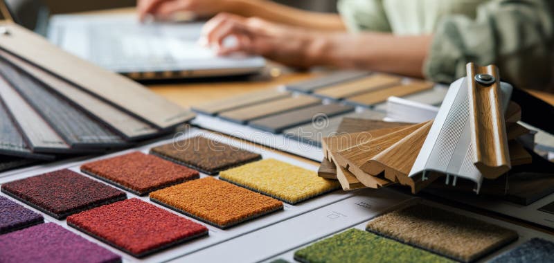 Variety of Design Material Samples on Designers Desk in Office. Banner ...