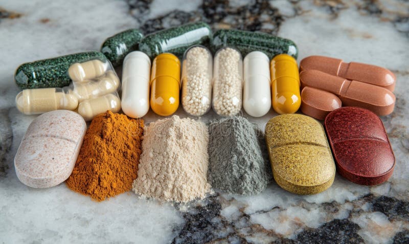 Variety of Dietary Supplements and Powders Displayed on Marble Surface ...