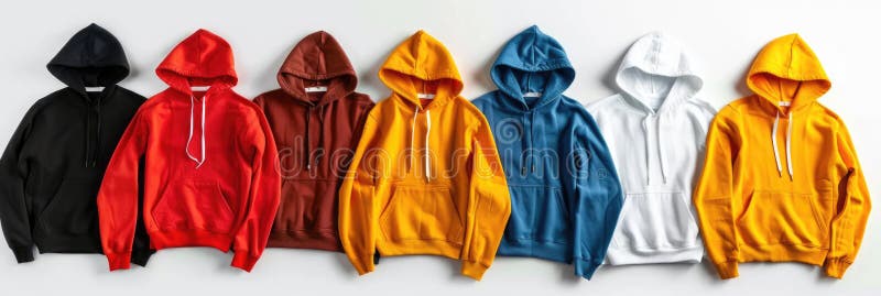 Variety of Different Colour Hoodies Placed in a Row on White Background ...