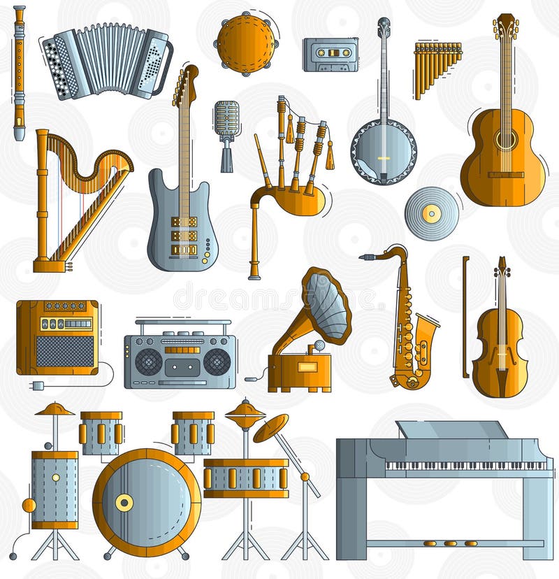 Different Music Instruments Vector Musical Guitar Violin and Sound ...