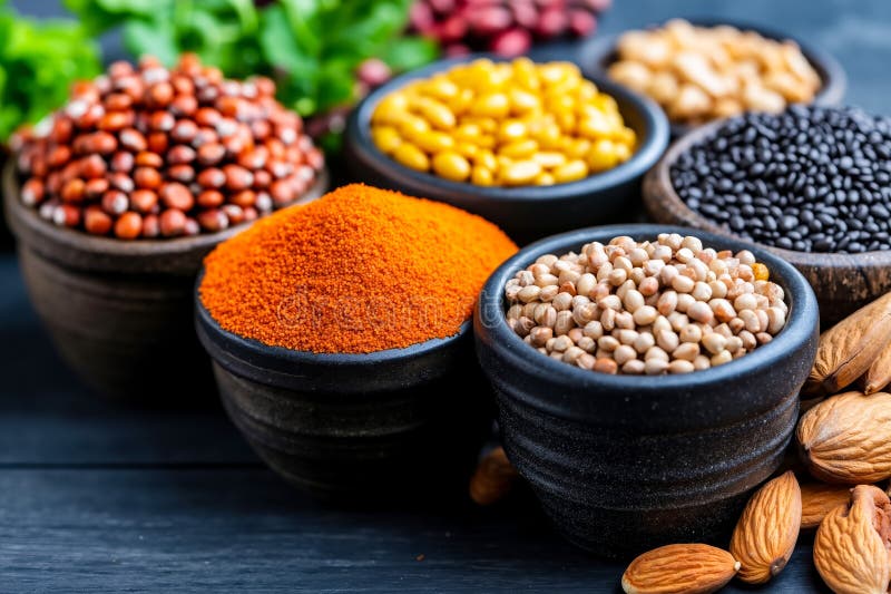 A Variety of Different Types of Beans and Nuts in Bowls Stock Photo ...