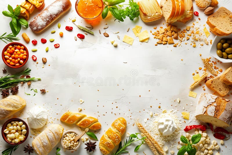 A Variety of Different Types of Bread and Cheese on a White Table ...
