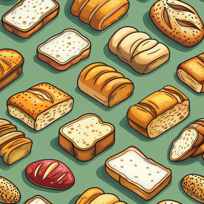 Assorted Bread Varieties on Green Background Stock Illustration ...