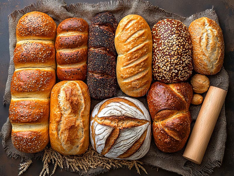 A Variety of Different Types of Bread on a Table Stock Image - Image of ...