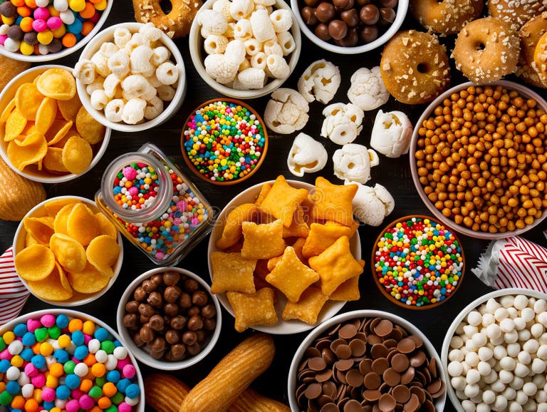 A Variety of Different Types of Candy and Snacks Stock Photo - Image of ...