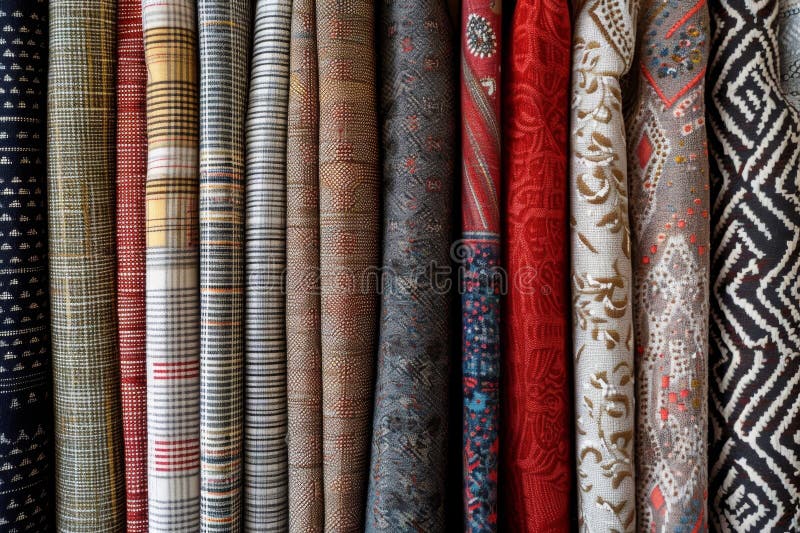 A Variety of Different Types of Fabric Neatly Arranged in Rows at a ...