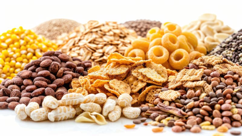 A Variety of Different Types of Food, Including Nuts, Cereal, and Pasta ...