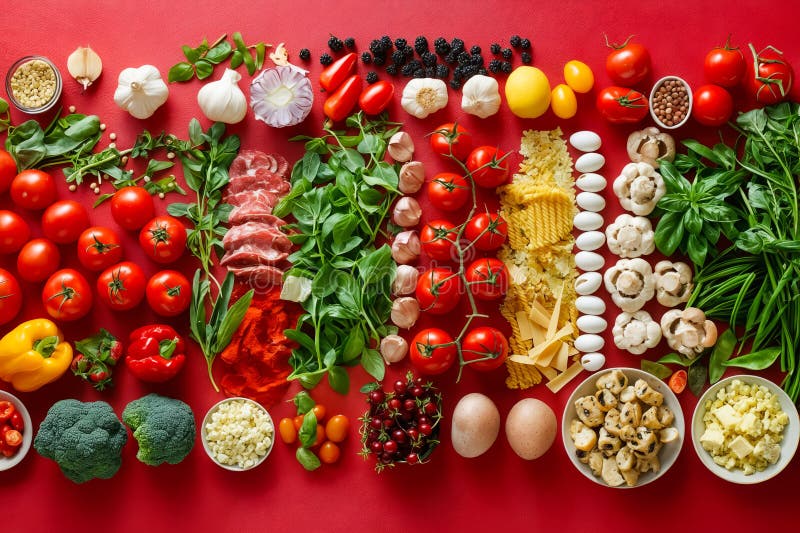 A Variety of Different Types of Food on a Red Surface. Generative AI ...
