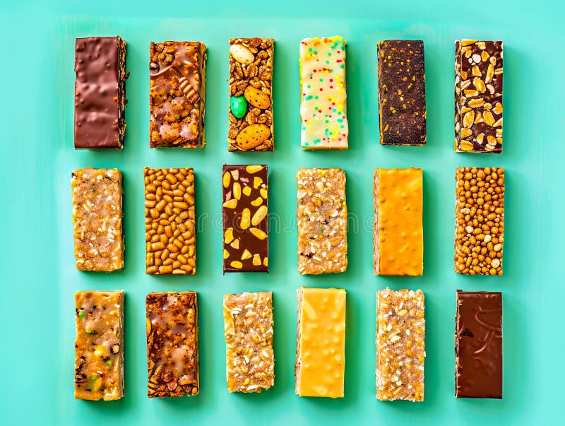 A Variety of Different Types of Granola Bars on a Blue Background Stock ...