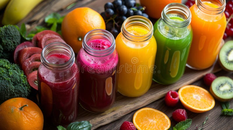 Assorted Juices Displayed on Table Stock Image - Image of drinks ...