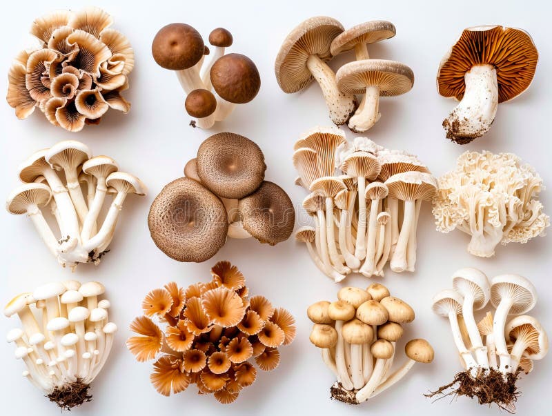 A Variety of Different Types of Mushrooms on a White Surface Stock ...