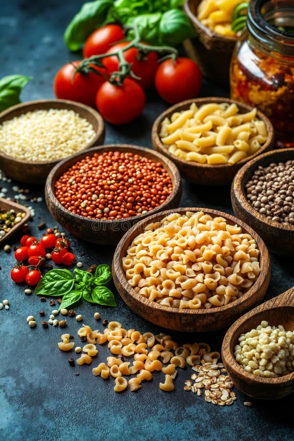 A Variety of Different Types of Pasta in Wooden Bowls on a Table Stock ...