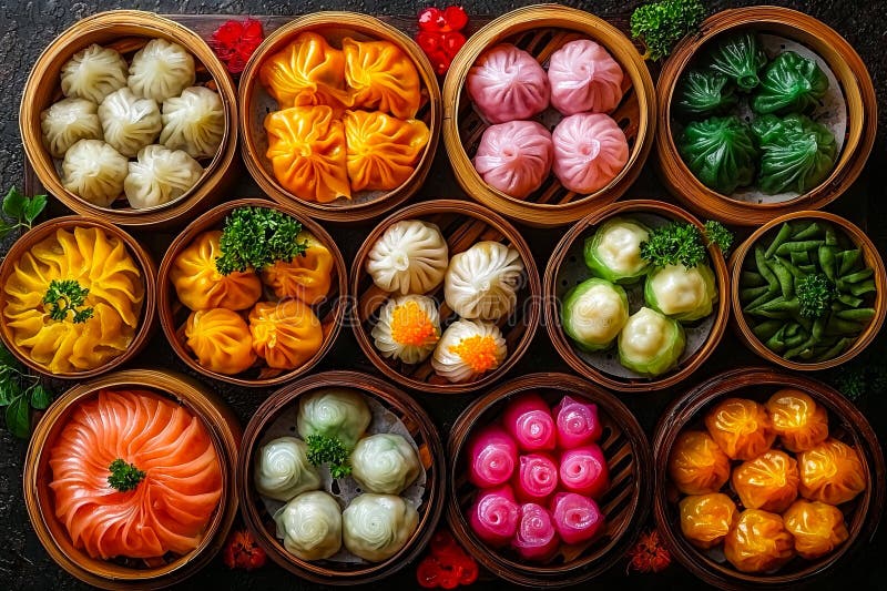A Variety of Dim Sum in Bamboo Baskets on a Table Stock Image - Image ...