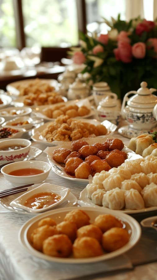 A Variety of Dim Sum Dishes are Elegantly Arranged on a Table. Steamed ...