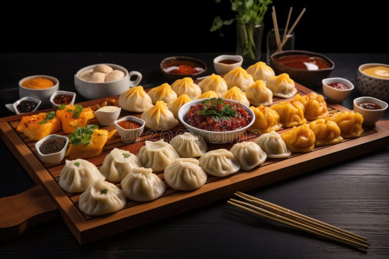 Variety of Dim Sum in Dough on Board Stock Illustration - Illustration ...