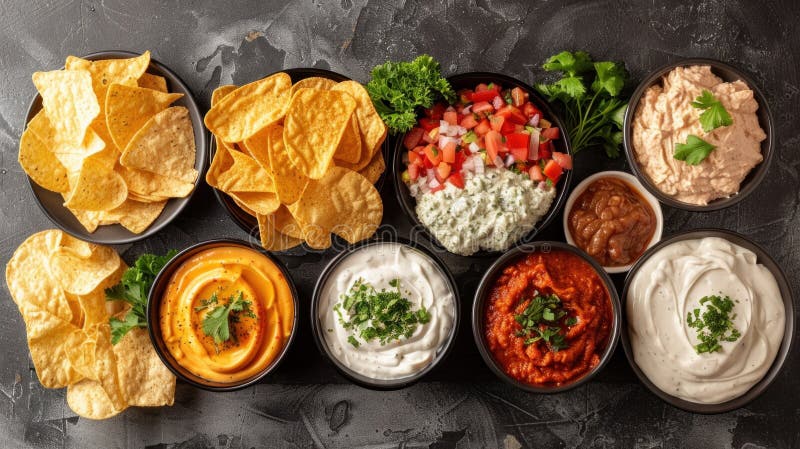 A Variety of Dips and Chips are Spread Out on the Table Stock Image ...