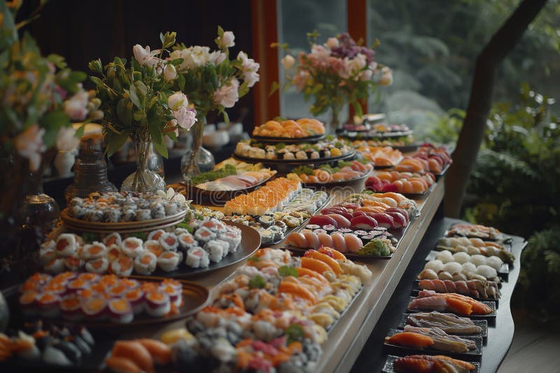 A Variety of Dishes Arranged on a Buffet Table, Including Sushi and ...