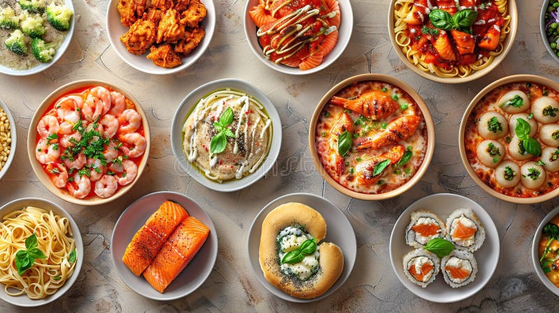 A Variety of Dishes on a Marble Surface, Including Pasta, Seafood, Chicken, and Sushi Stock ...