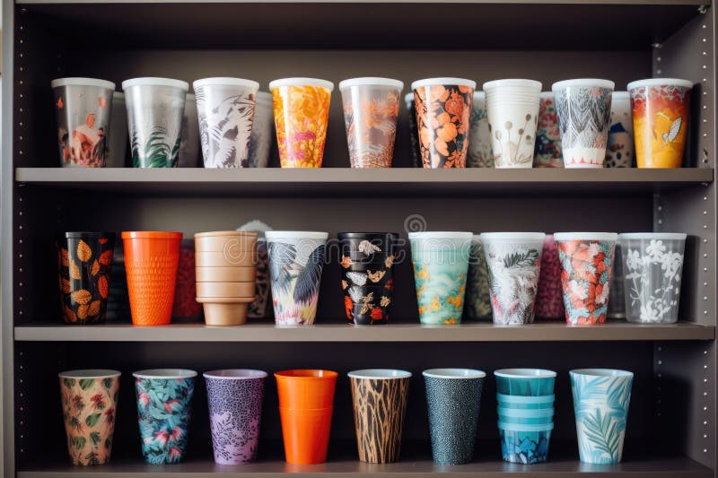 Variety of Disposable Cups with Different Patterns on a Shelf Stock ...