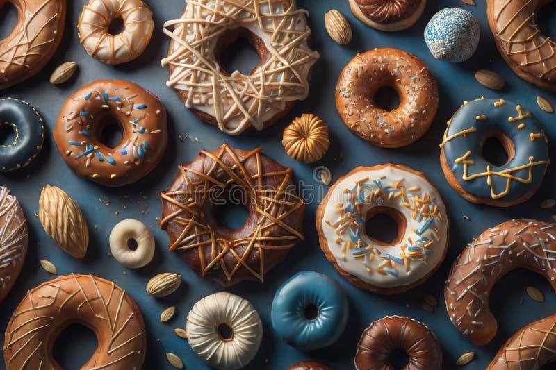 Variety of Donuts on a Blue Background. Top View Stock Illustration ...