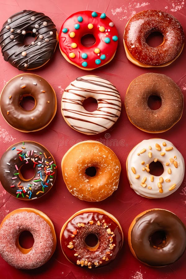 A Variety of Donuts with Different Toppings on a Red Surface ...