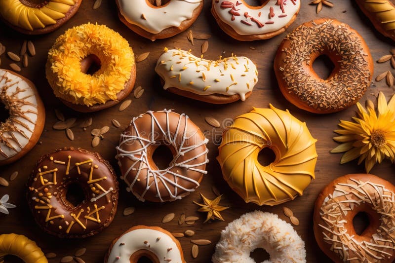 Variety of Donuts on a Solid Color Background. Top View Stock ...
